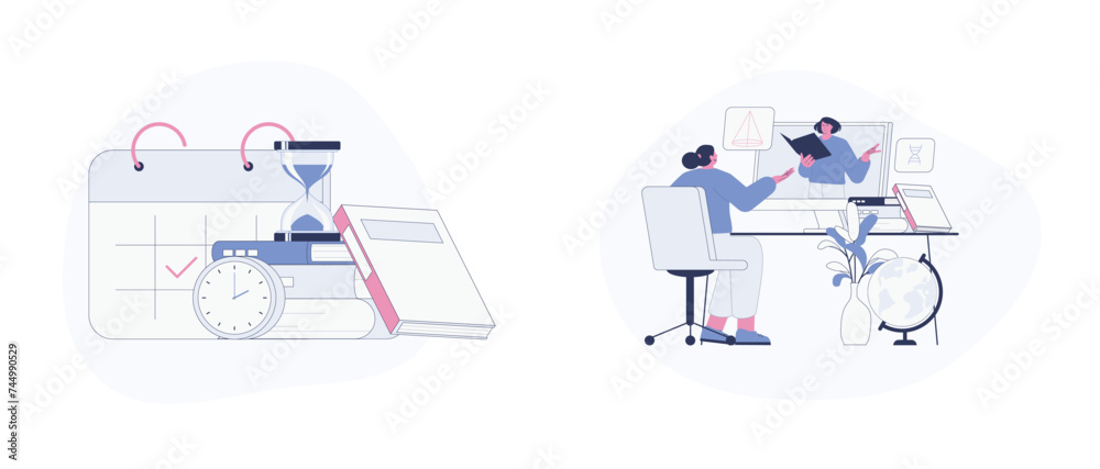 Study Plan and Online Education. Flat Cartoon Vector Illustration ...