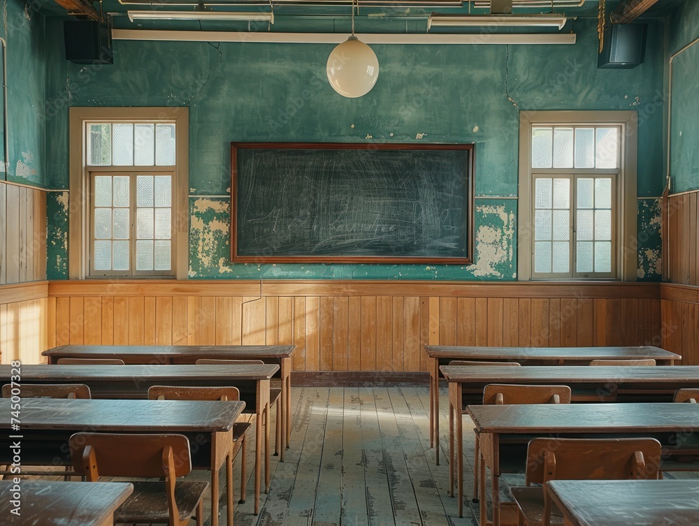 Vintage high school classroom with wooden desks and a chalkboard ...