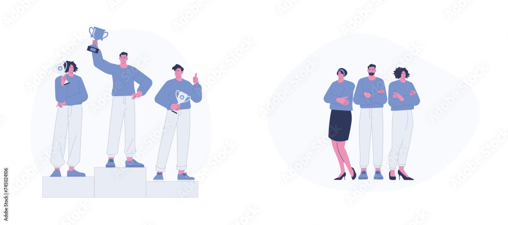 Achieving Success and Business People. Flat Cartoon Vector Illustration ...