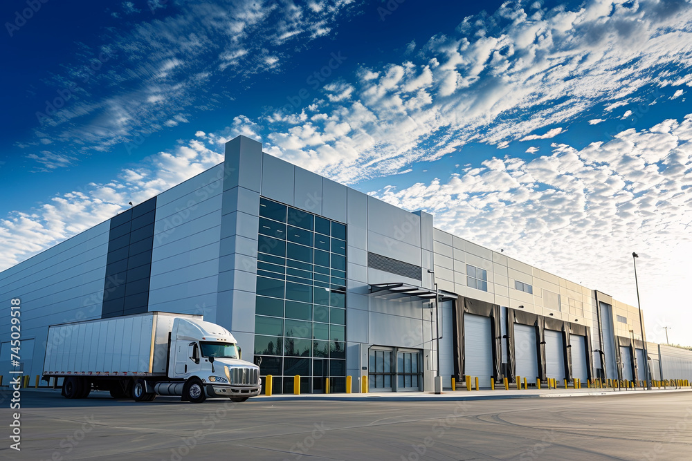 A truck parked in front of an industrial logistics building Stock Photo ...