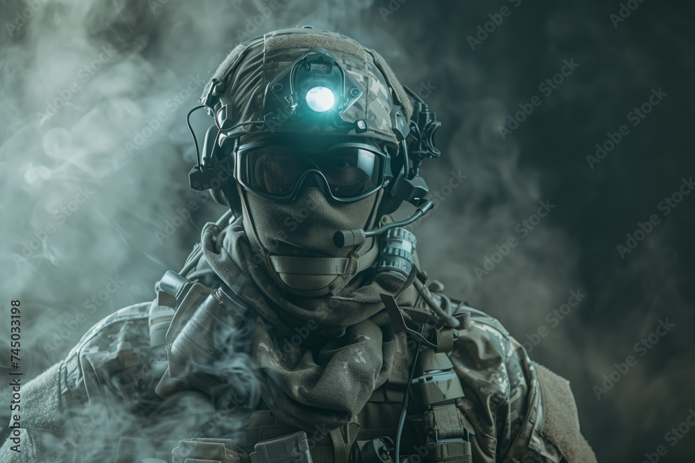ภาพถ่าย Stock Fog-Enshrouded Soldier in Tactical Gear. Elite ...