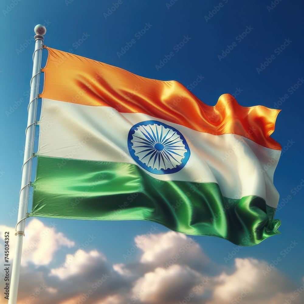 Indian flag waving on air with sky background, Indian flag image Stock ...