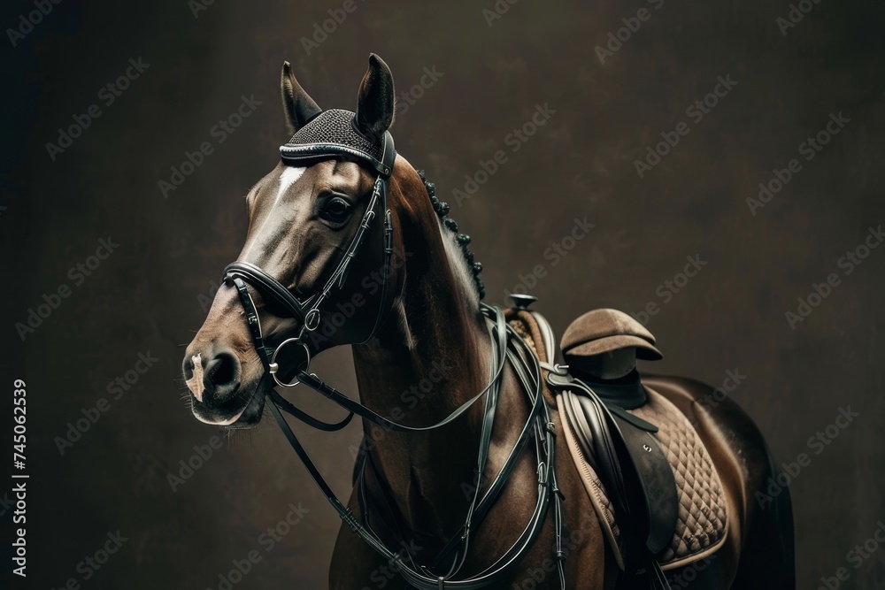 Horse in Equestrian Attire - A noble horse standing tall, outfitted in ...