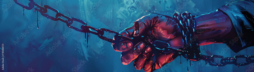 An artwork showing a detailed illustration of a shackle on a hand, with ...