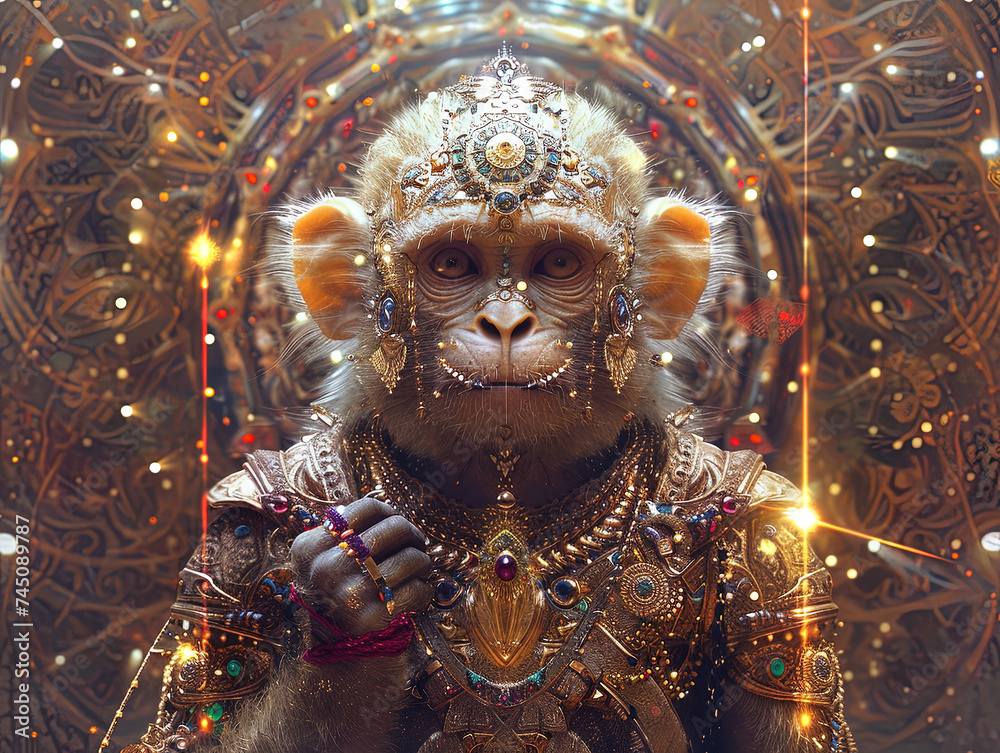 Medieval knight in armor. Portrait of gigantic cute monkey deity ...