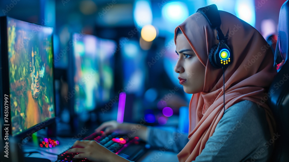 Muslim young woman playing video games in cybersports club neon lights ...