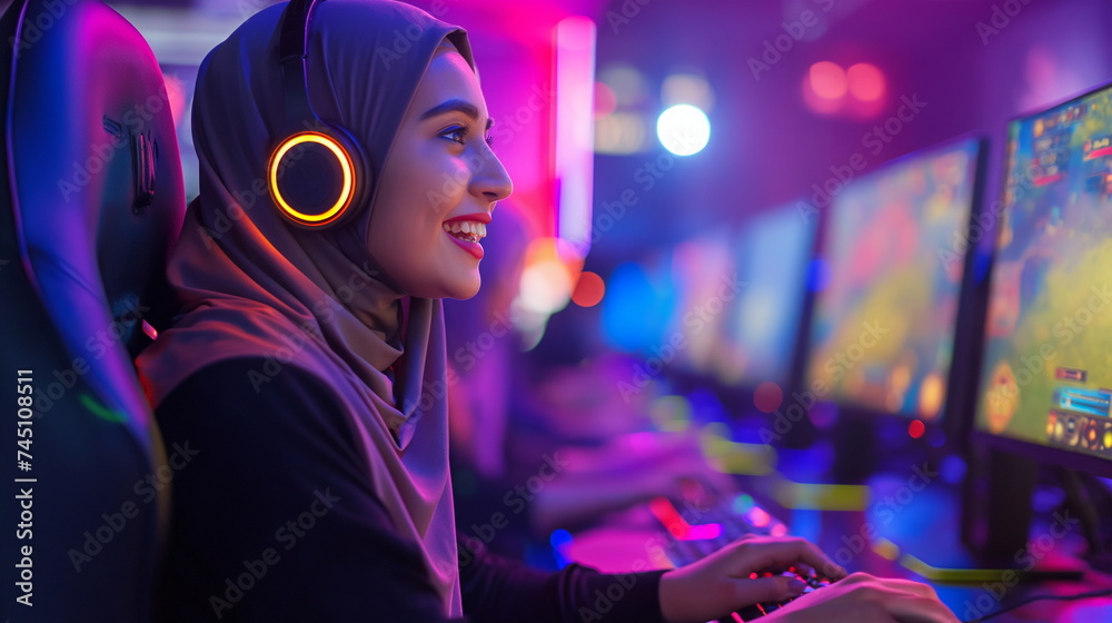 Muslim young woman playing video games in cybersports club neon lights ...