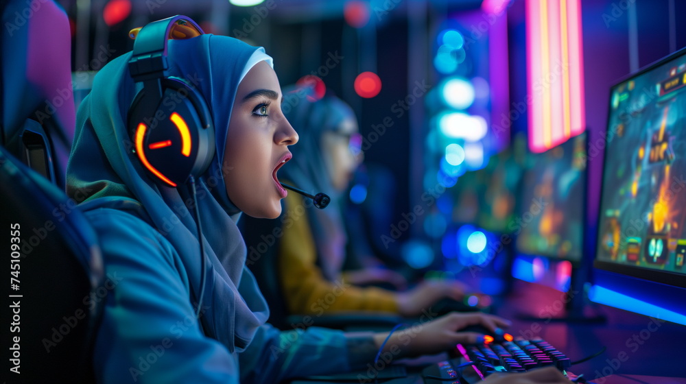 Muslim young woman playing video games in cybersports club neon lights ...