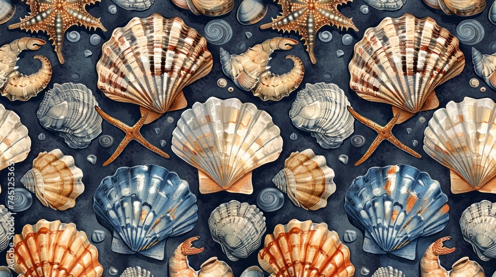 Assortment of seashells arranged on a vibrant blue backdrop, showcasing ...