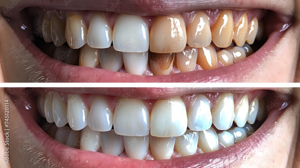 A comparison teeth before and after dental treatment, showing visible ...