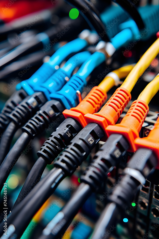 Stock-Foto „network equipment, switch hub and cables, blue lights ...