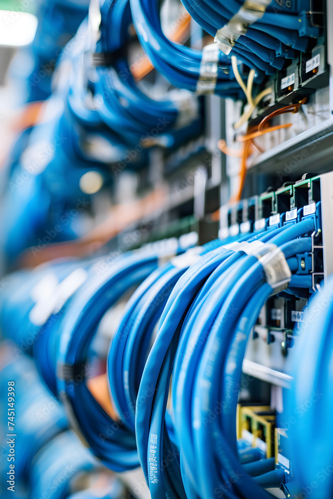 network equipment, switch hub and cables, blue lights, technology and ...