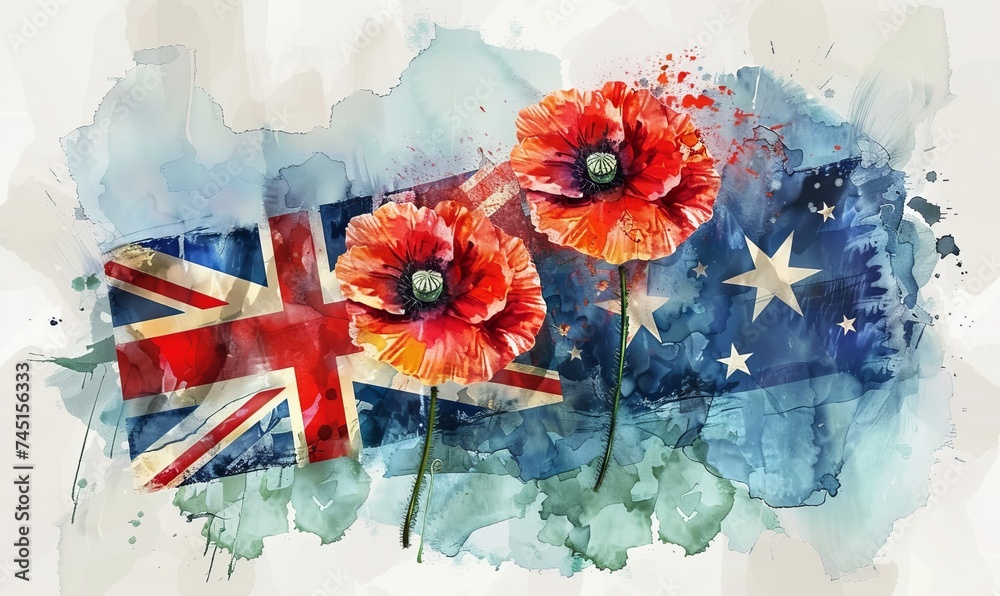 Anzac Day background with grunge watercolor Australia flag and poppy ...