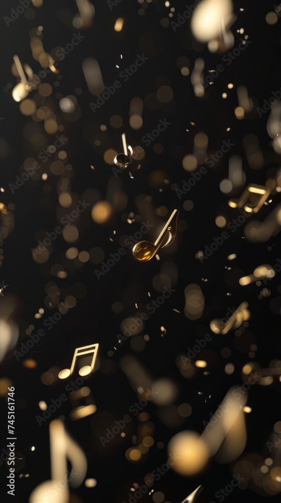 Gold musical notes flying in the air on black background with copy ...