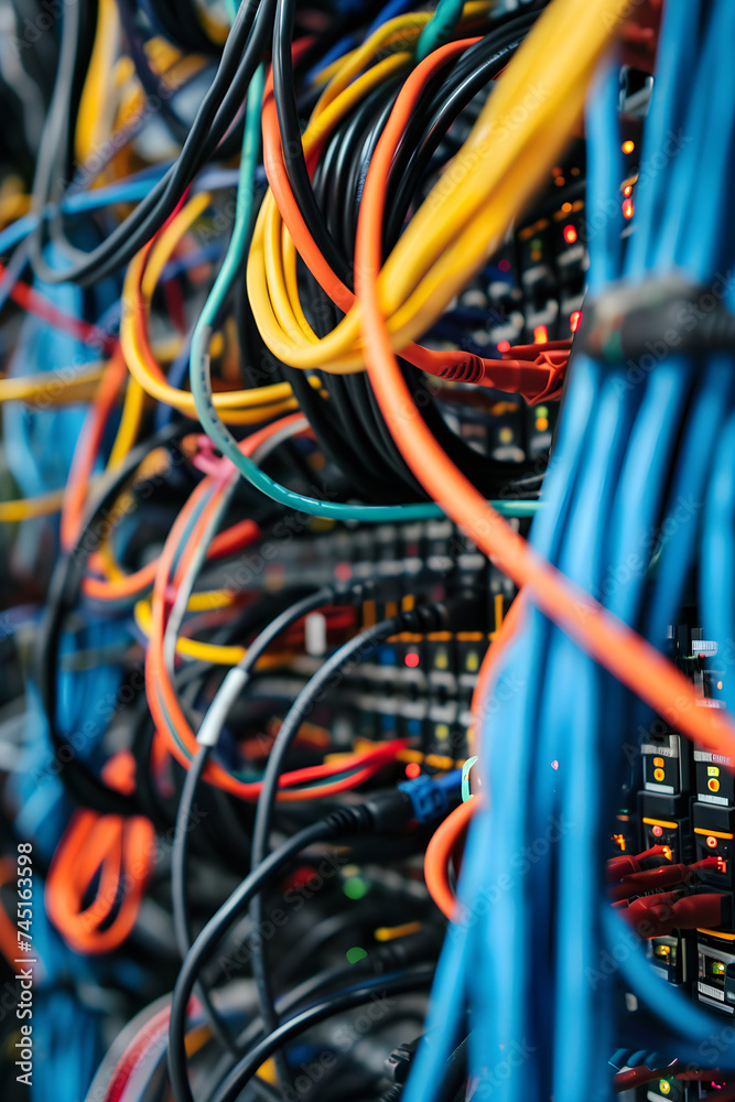 Стокове фото network equipment, switch hub and cables, blue lights ...