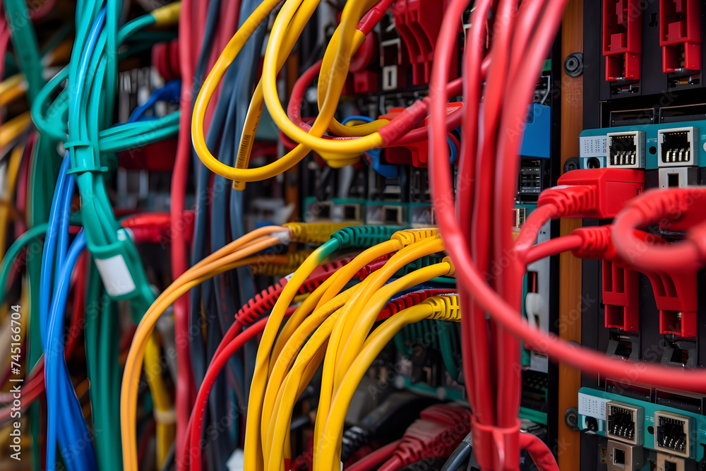 network equipment, switch hub and cables, blue lights, technology and ...