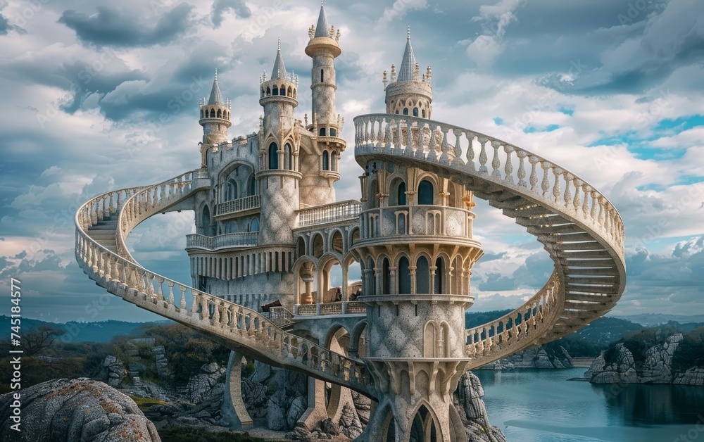 A majestic castle built in the shape of a DNA double helix, with ...