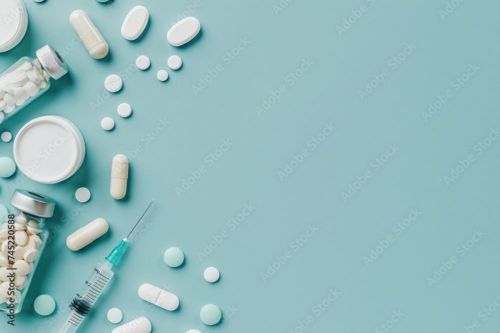 Organized layout of various medication forms and a syringe on a clean ...