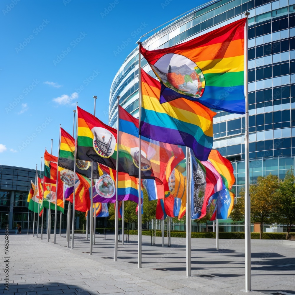 Stock image of LGBTQ pride flags and symbols displayed in public spaces ...