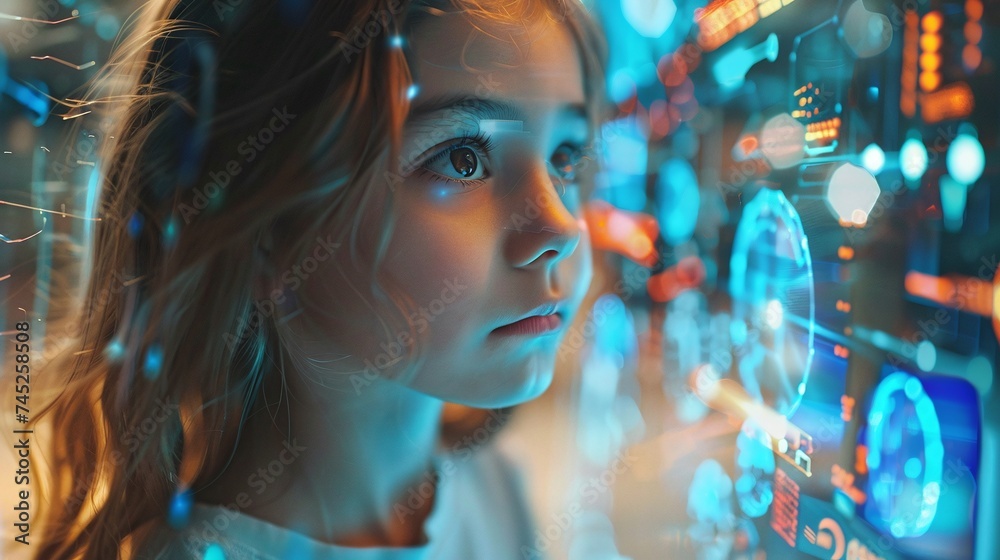 young girl utilizes advanced processor for augmented reality in a ...