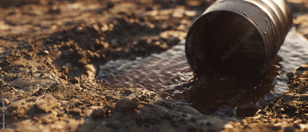 Ominous image of an oil spill from a barrel polluting the surrounding ...