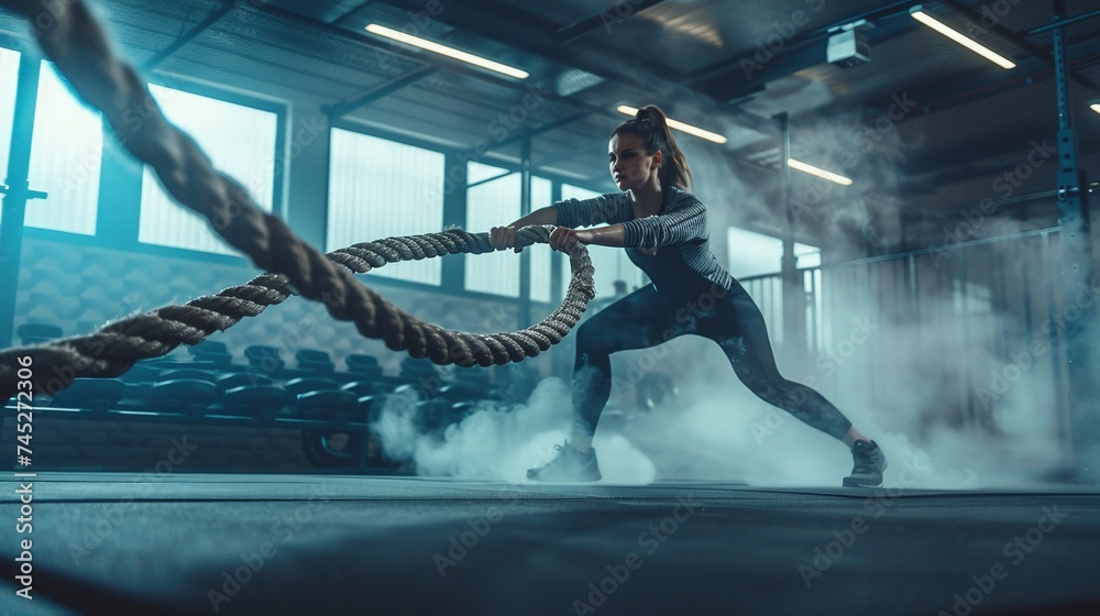 gym scene captures a strong woman executing battle rope exercises with ...