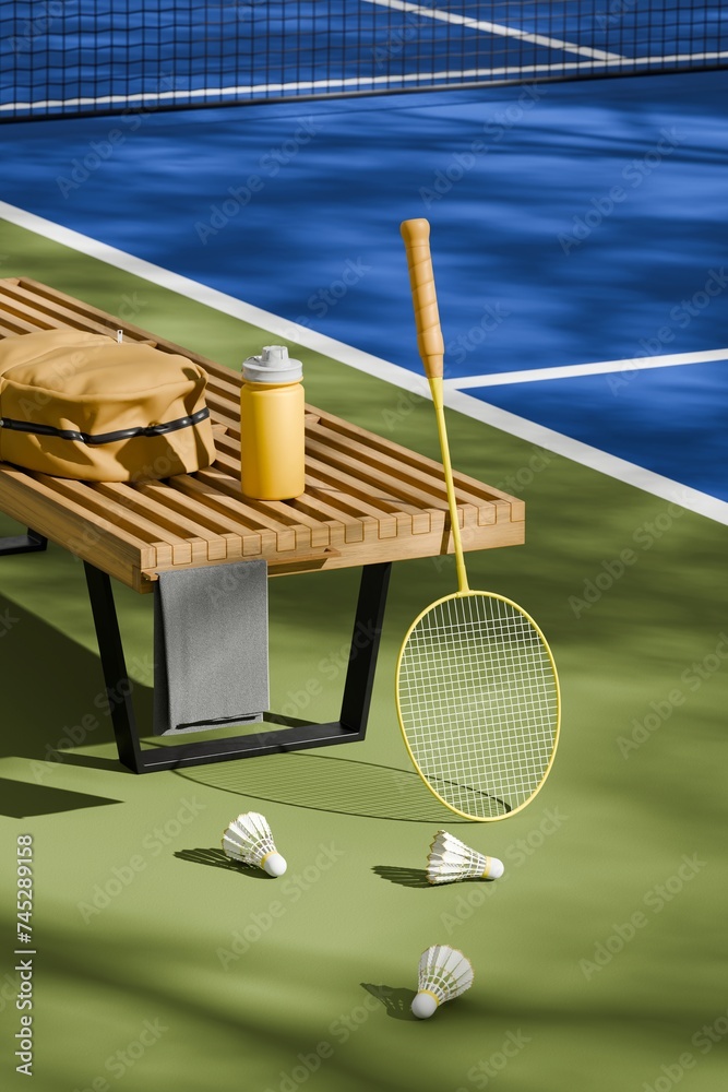 Badminton sports equipment on outdoor court. A racket and shuttlecocks ...