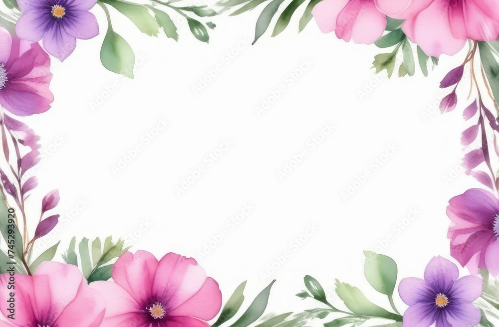 Watercolor border frame with pink purple flowers isolated on white ...