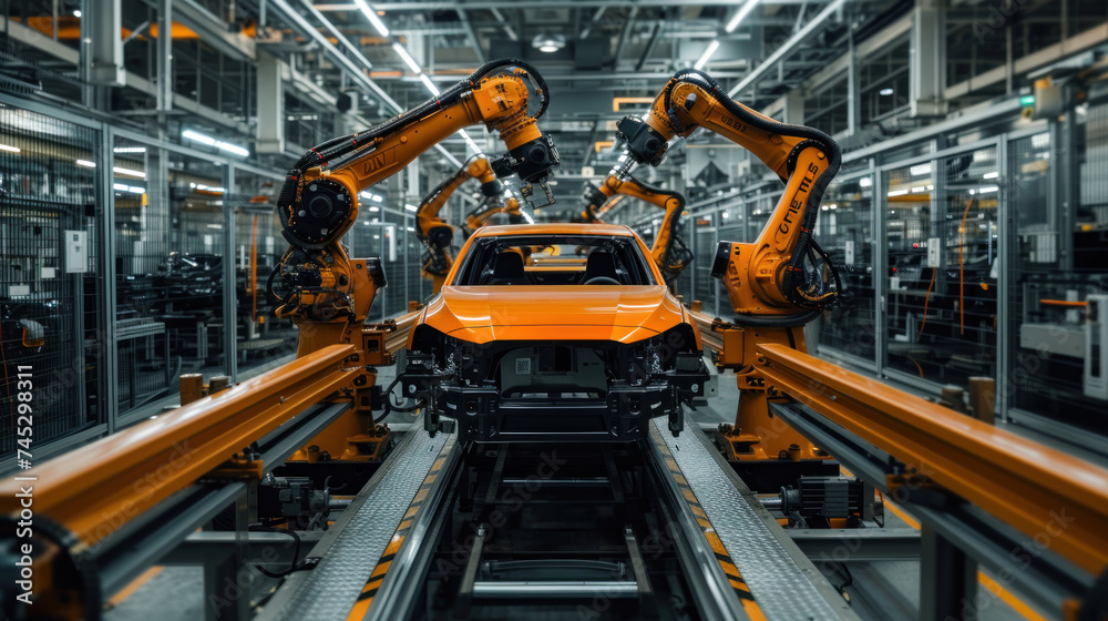Automated robotics arms efficiently assembling a car on a production line, showcasing precision ...