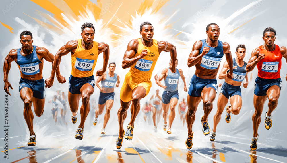 A group of black male track and field athletes runs a relay race ...