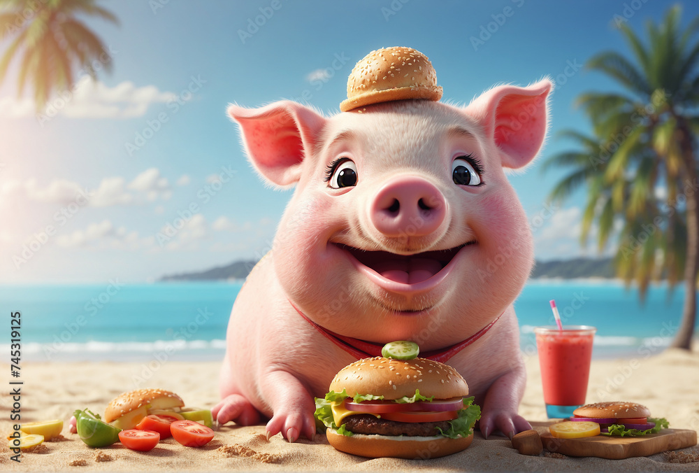 cute smiling pig with a hamburger on the beach. illustration. holiday ...