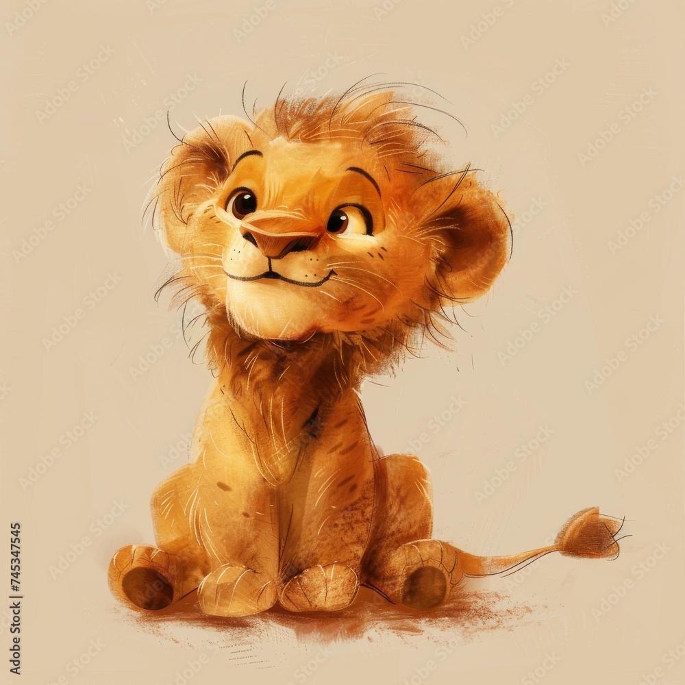 Ilustración de Stock Charming animated lion cub looking up with a smile ...