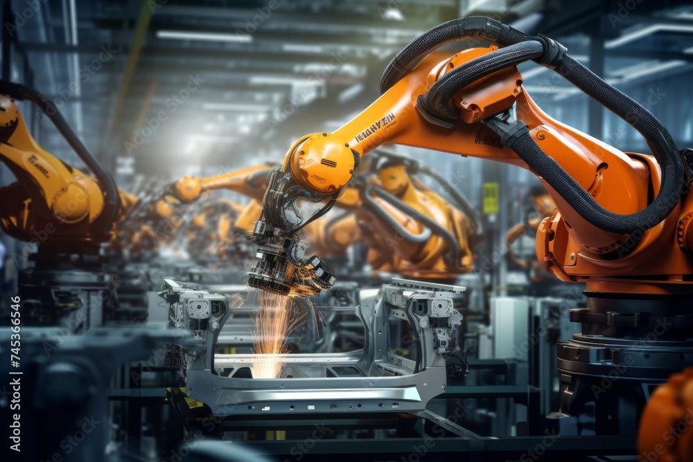 Automated Robotics in Production - Close-up on industrial robots ...