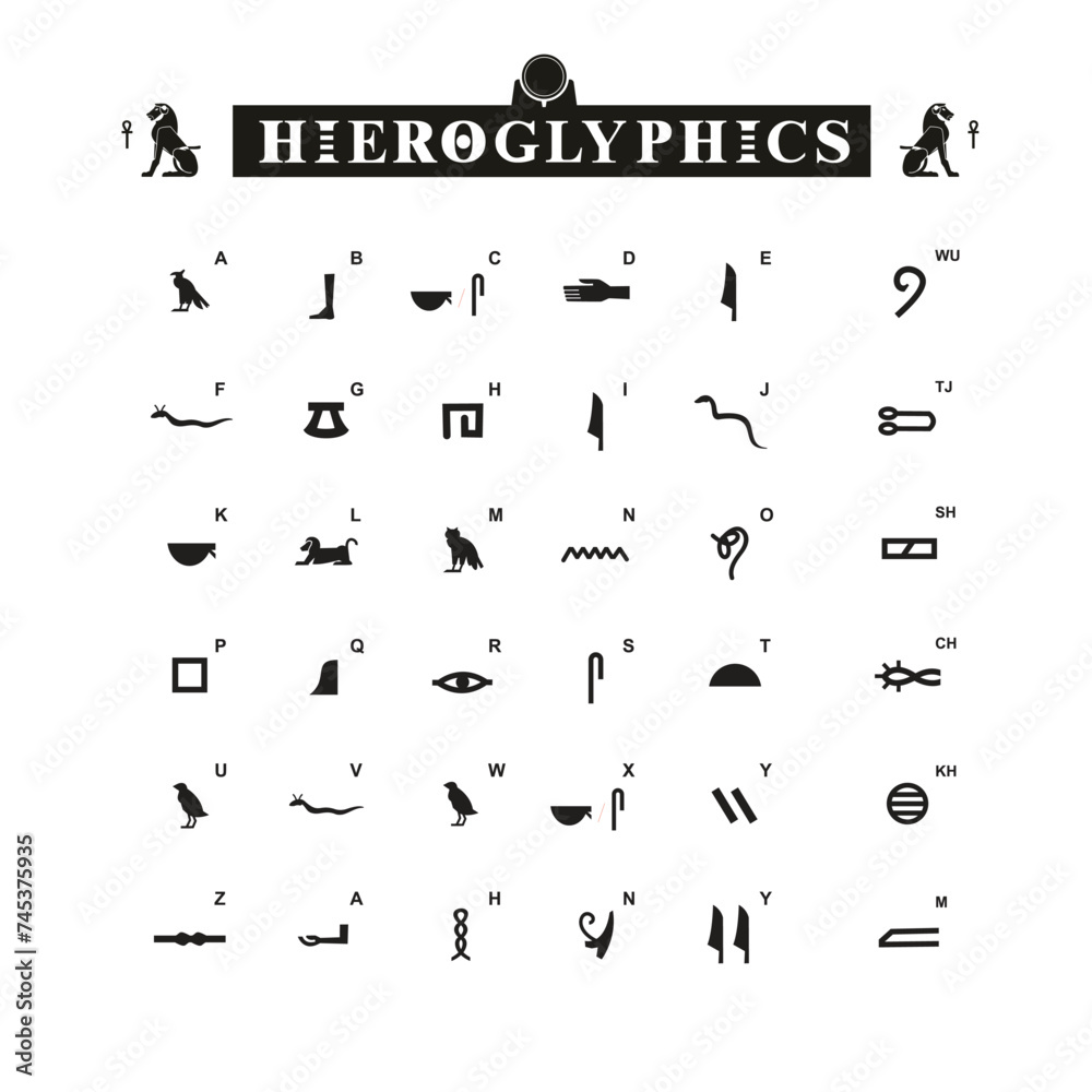 hieroglyphic alphabet, ancient egyptian script with symbols and letters ...