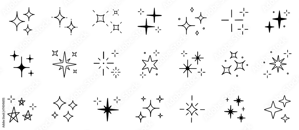 Stars and sparkles doodle set. Twinkle, blink, firework, glitter ...