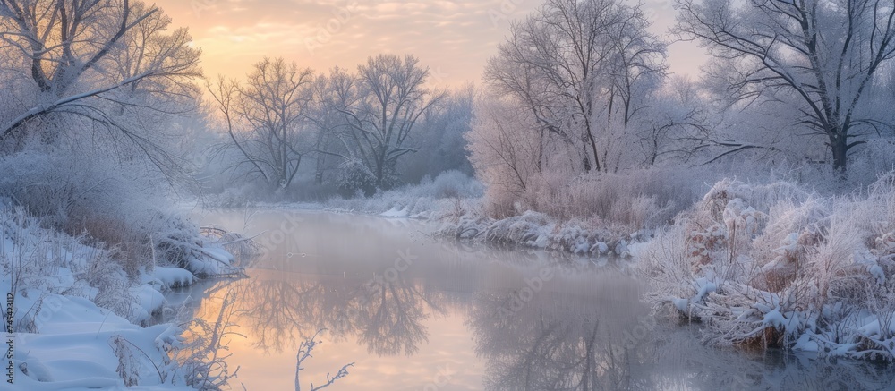 A river winds its way through a winter landscape, flanked by trees ...