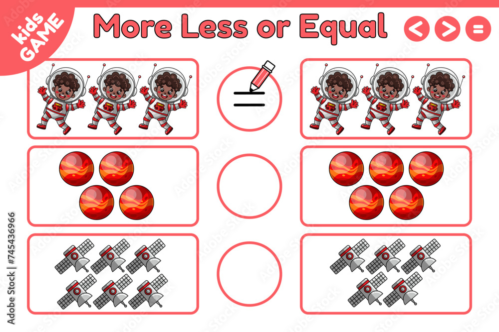 More, less or equal. Space math game for education children school ...