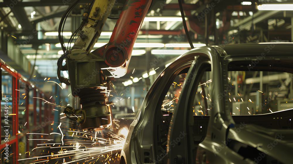 A robotic arm performs precision welding on an automotive assembly line, with sparks flying in a ...
