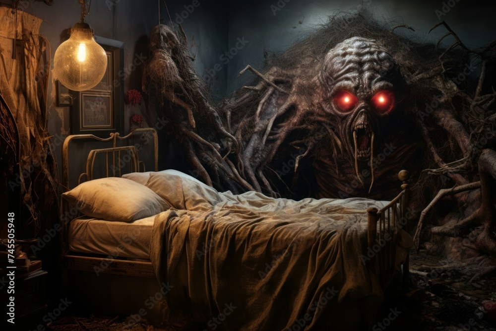 Terrifying Nightmare monster in kid bedroom. Imaginary scary monster ...