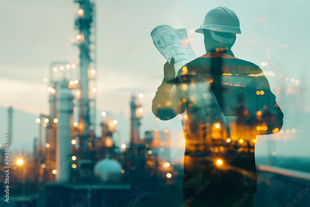 Half body, Double exposure of Engineer standing holding a blueprint ...