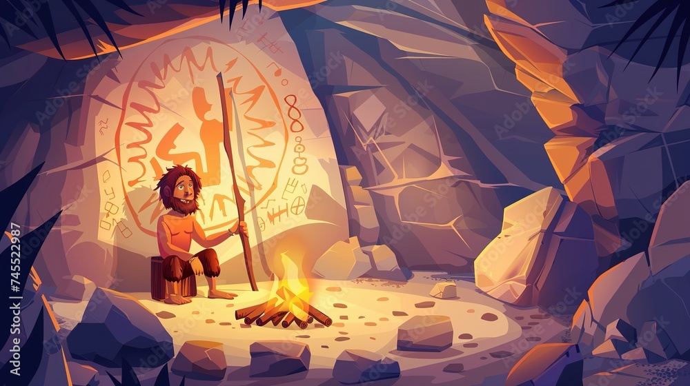 Prehistoric cave with caveman primitive painting on stone walls and ...