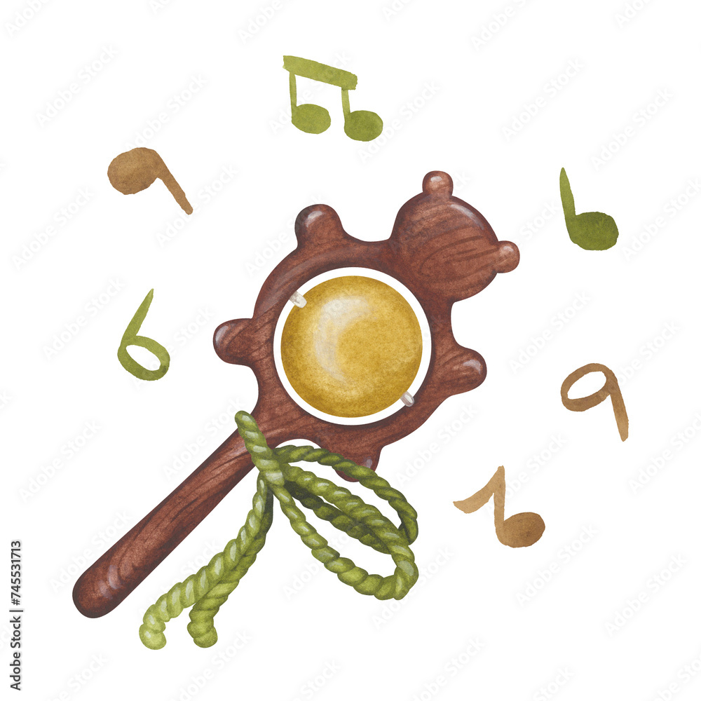 Rattle Watercolor illustration. Painting of cute Baby Toy. Hand drawn ...