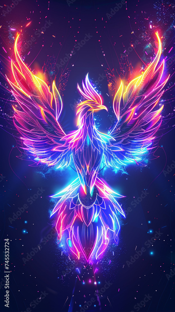 A neon phoenix in digital flames, symbolizing rebirth through ...