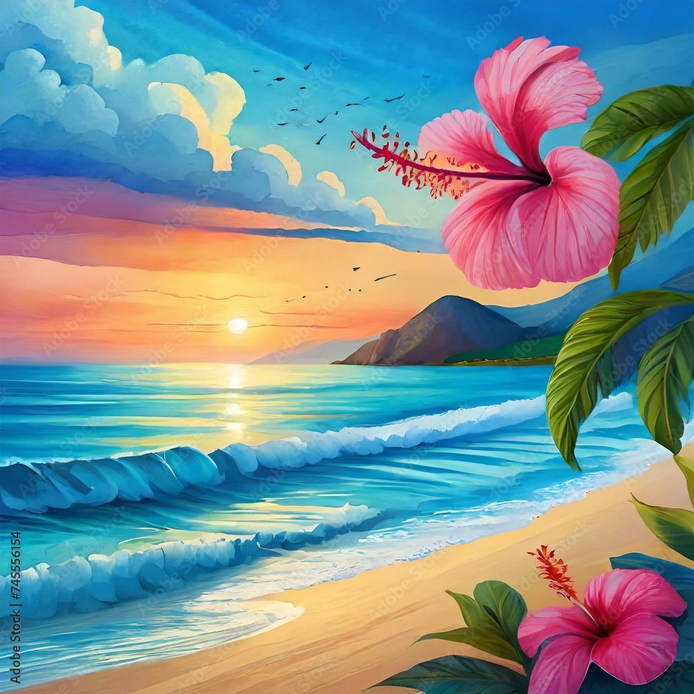 tropical paradise island, colors cerulean blue and hibiscus pink ...