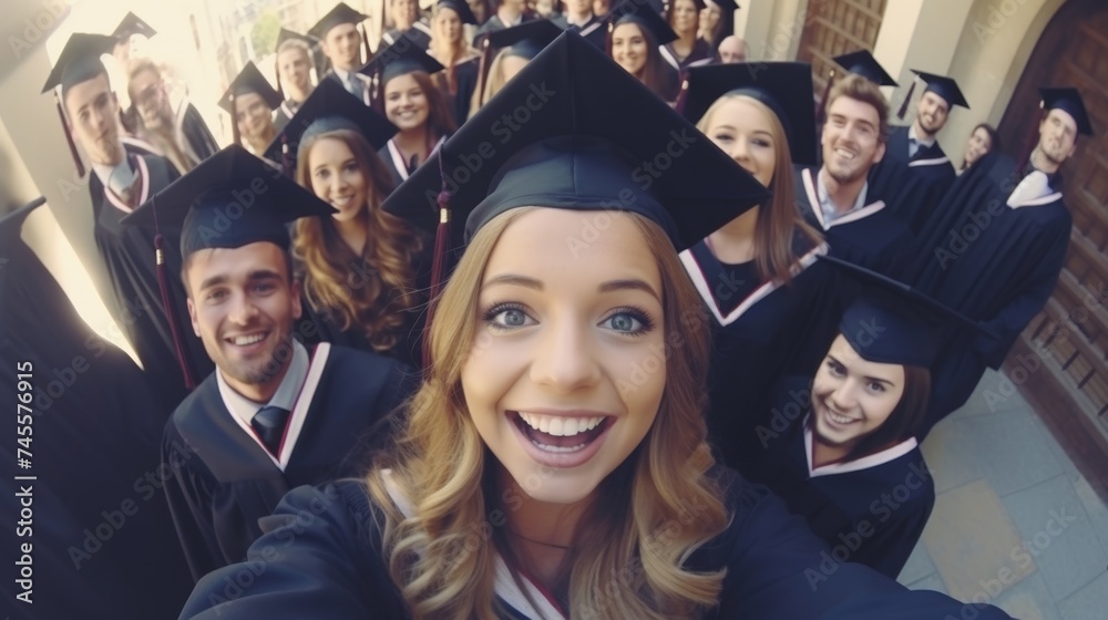 Happy graduating international students wearing bachelor gowns and ...
