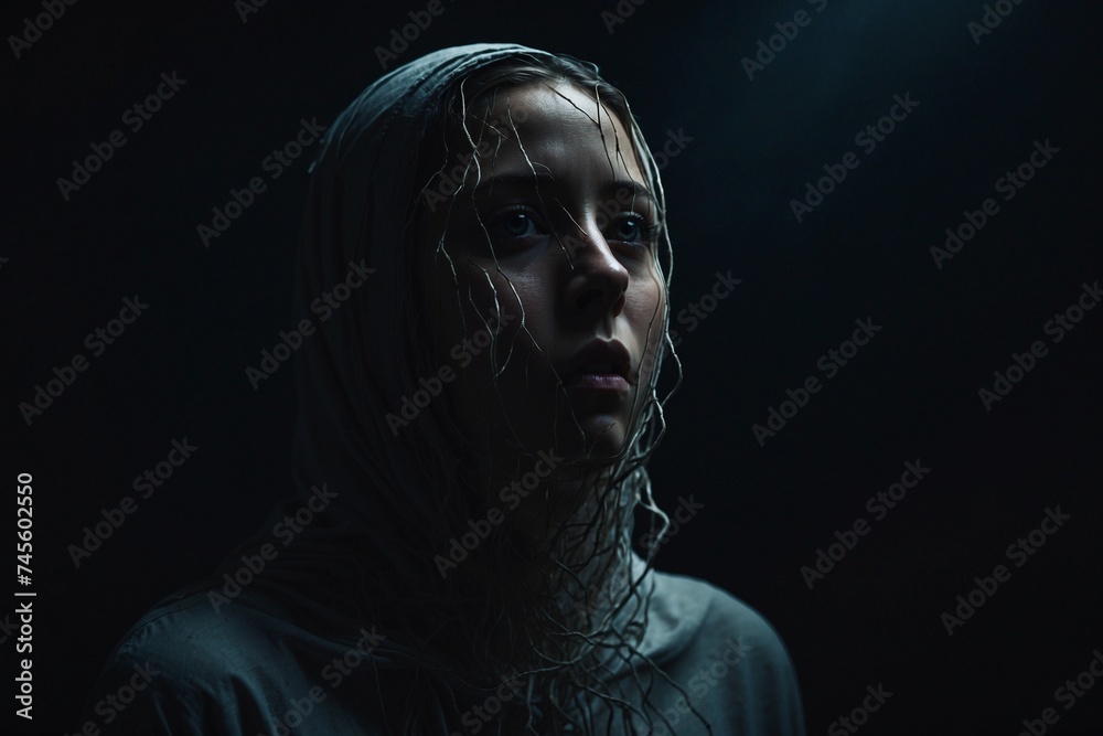 A figure shrouded in darkness, their face contorted in fear as they try ...