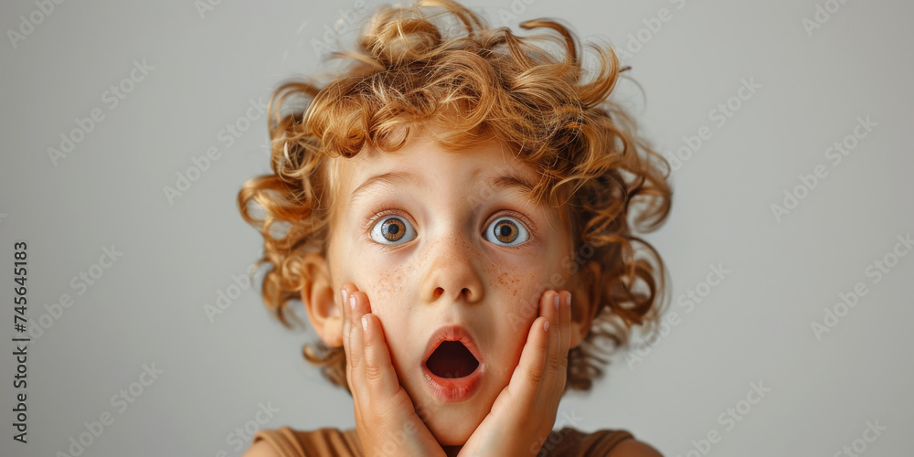 Child's Amazement. Young child with curly hair looking amazed with ...