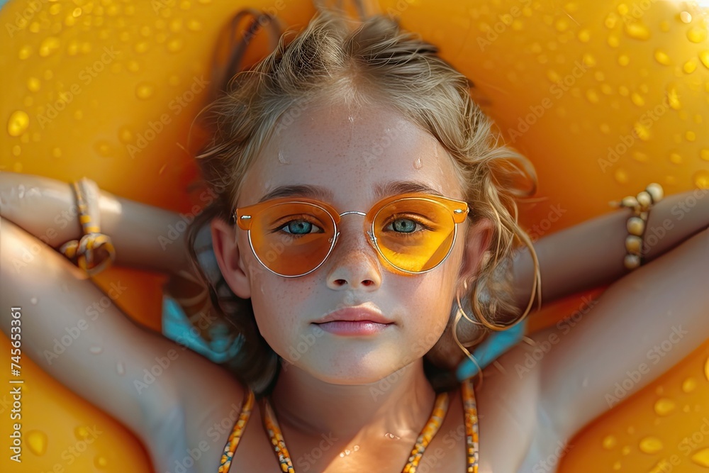 Happy little girl laying on a colorful inflatable float in a swimming ...