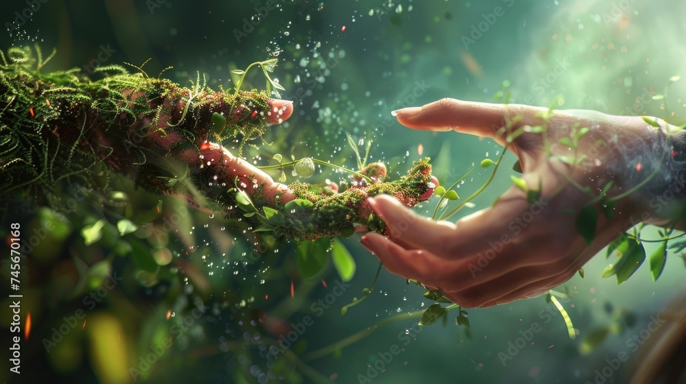 Harmony with Nature.. Hands cradle a symbiotic blend of flora and human ...