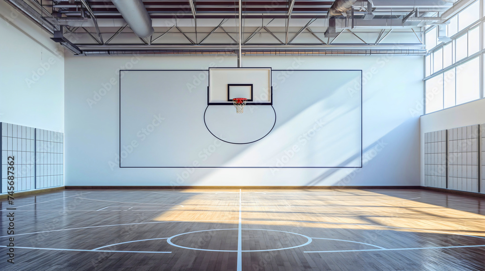 Empty basketball gym, sunlight coming through the windows, illuminating ...